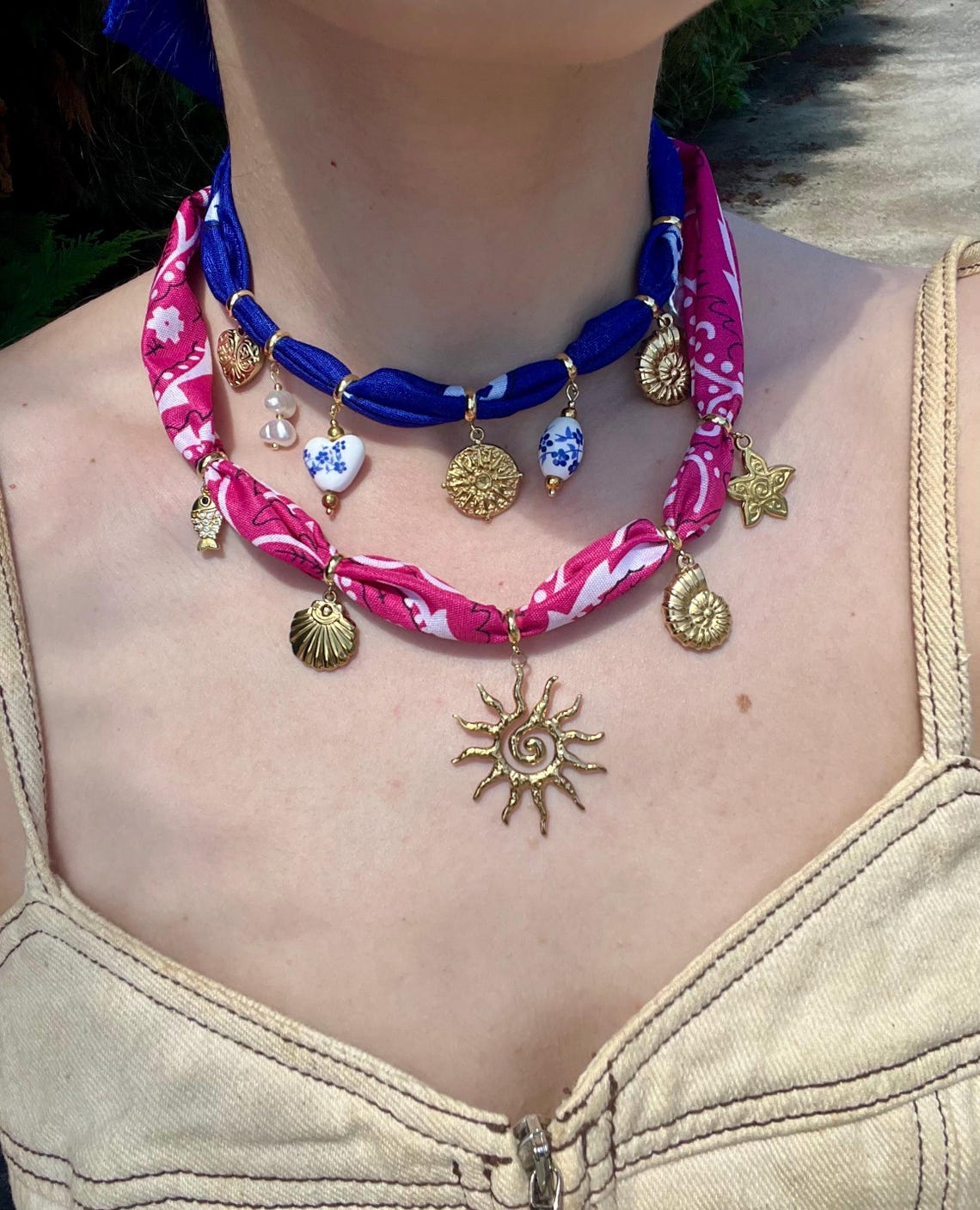 Blue Bandana Charm Necklace, Summer Necklace, Multi Charm,pearl ...