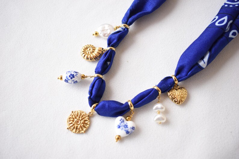 Blue Bandana Charm Necklace, Summer Necklace, Multi Charm,pearl ...