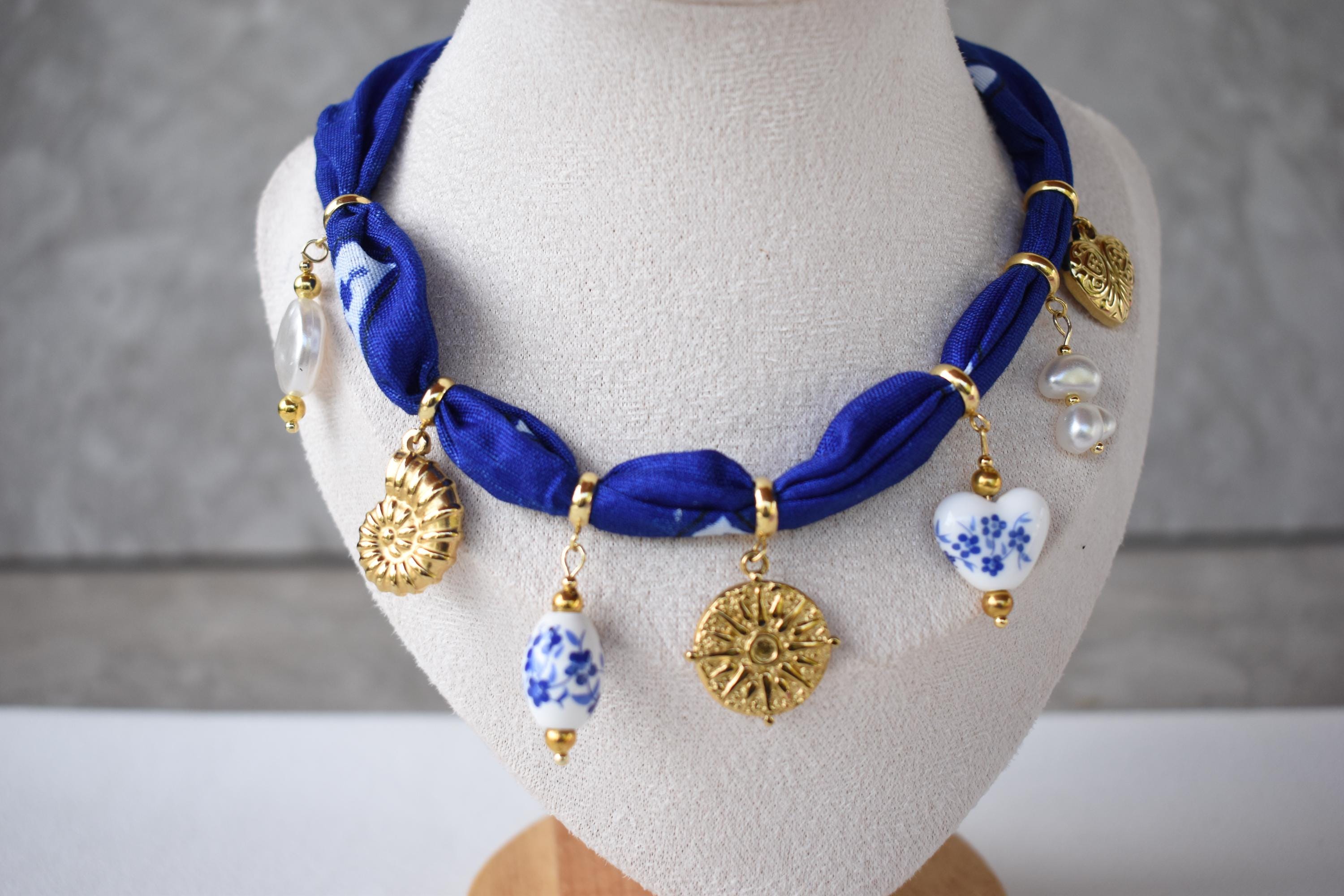 Blue Bandana Charm Necklace, Summer Necklace, Multi Charm,pearl ...