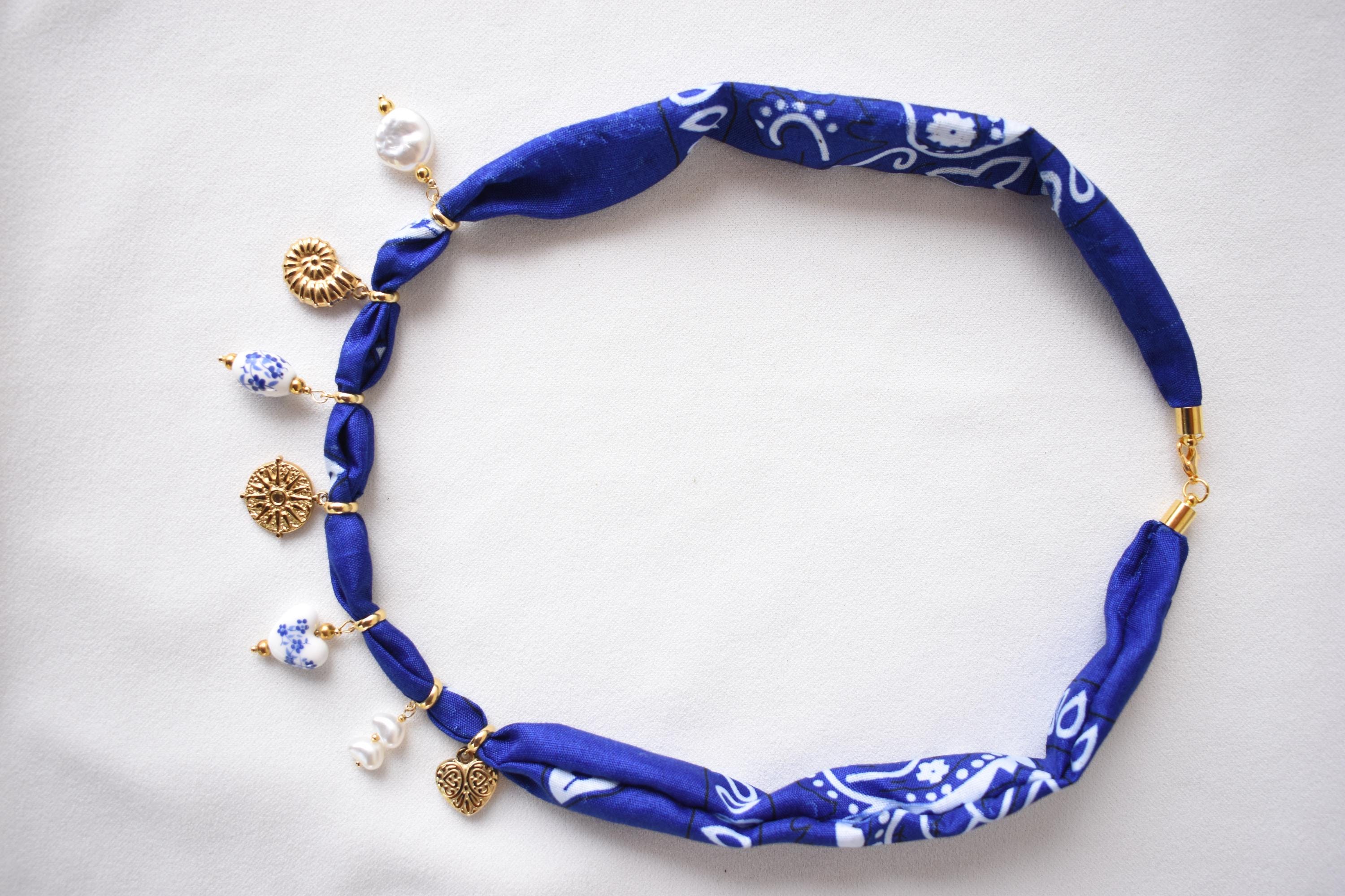 Blue Bandana Charm Necklace, Summer Necklace, Multi Charm,pearl ...