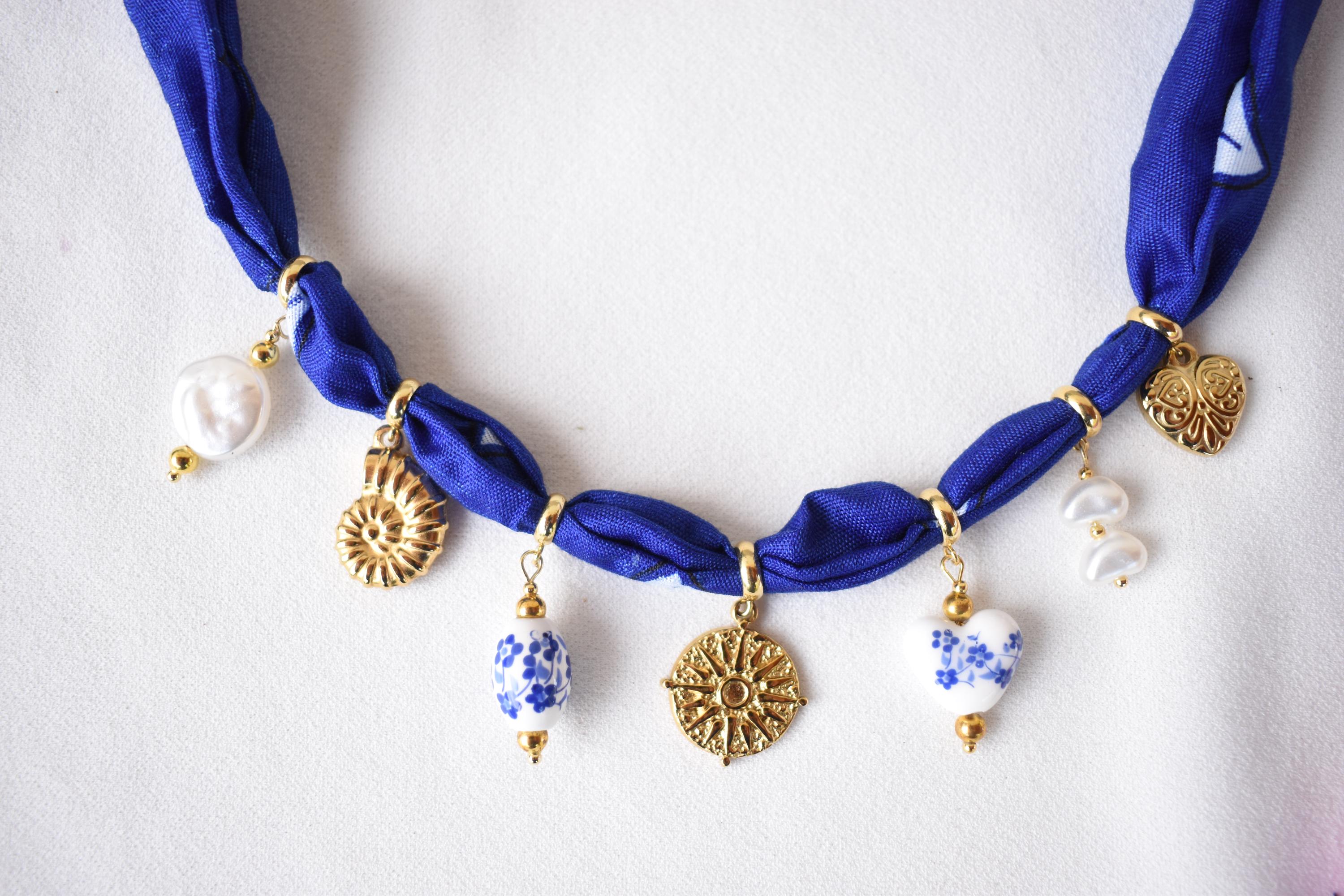 Blue Bandana Charm Necklace, Summer Necklace, Multi Charm,pearl ...