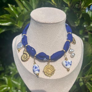 Blue Bandana Charm Necklace, Summer Necklace, Multi Charm,pearl ...