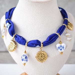 Blue Bandana Charm Necklace, Summer Necklace, Multi Charm,pearl ...