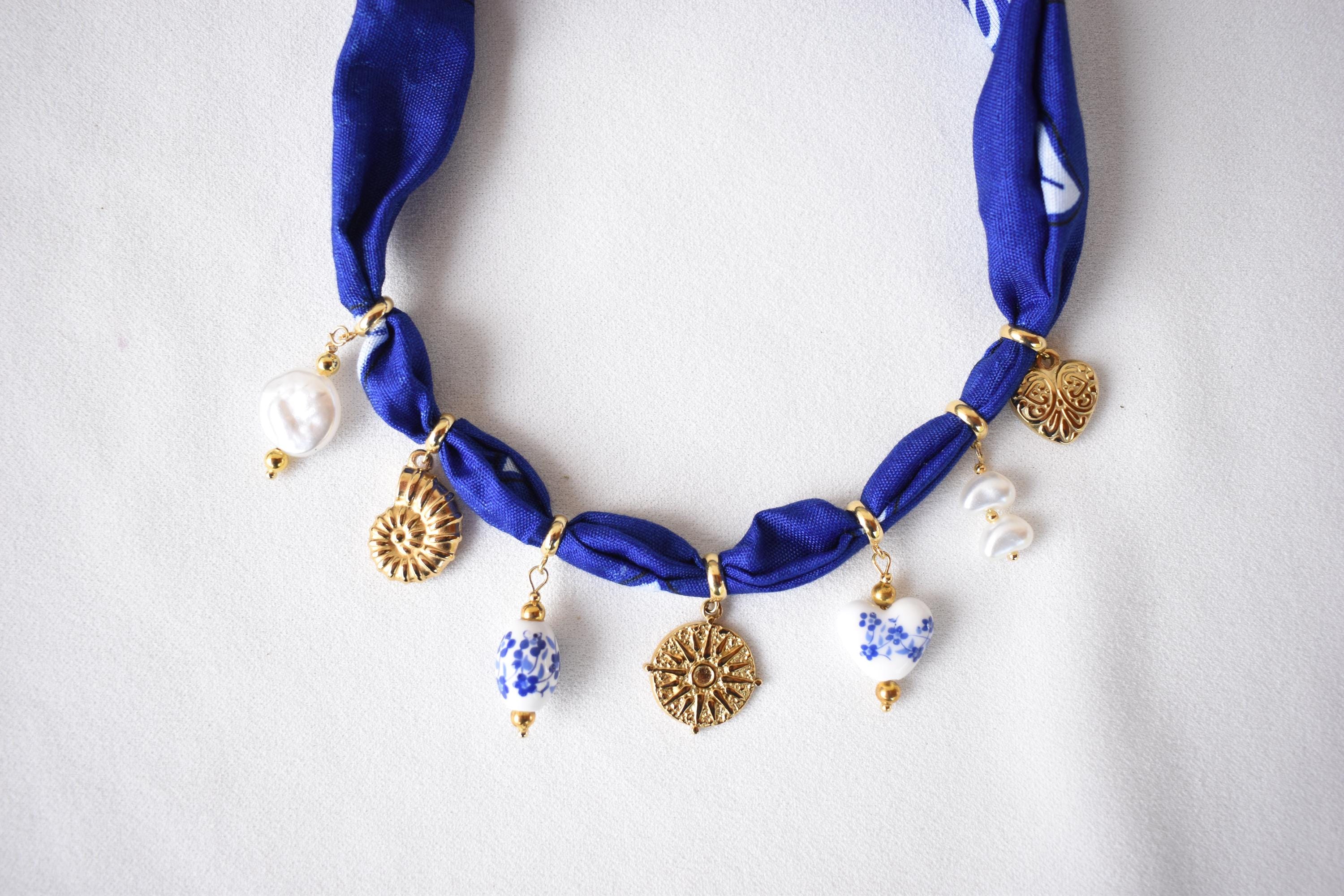 Blue Bandana Charm Necklace, Summer Necklace, Multi Charm,pearl ...
