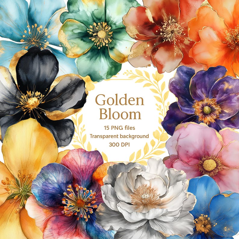 Golden Bloom Watercolor Flower Clipart 15 PNG Floral Illustrations With ...