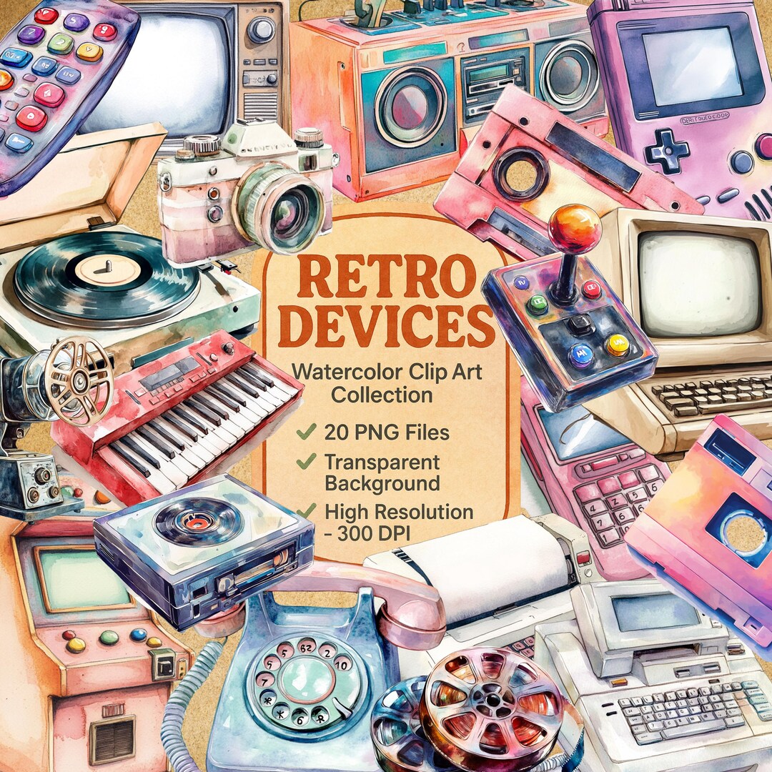 Retro Devices Watercolor Clip Art Bundle – 20 Pngs, Vintage Tech Icons ...