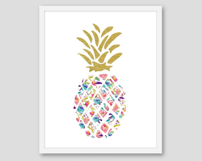 Pineapple Art Print Pineapple Wall Decor Floral and Gold Pineapple Wall ...