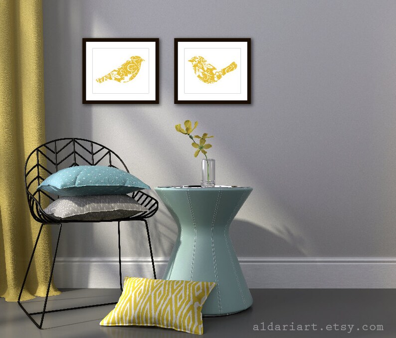 Birds Art Prints, Yellow Floral Birds Wall Art, Bird Artwork, Mustard ...