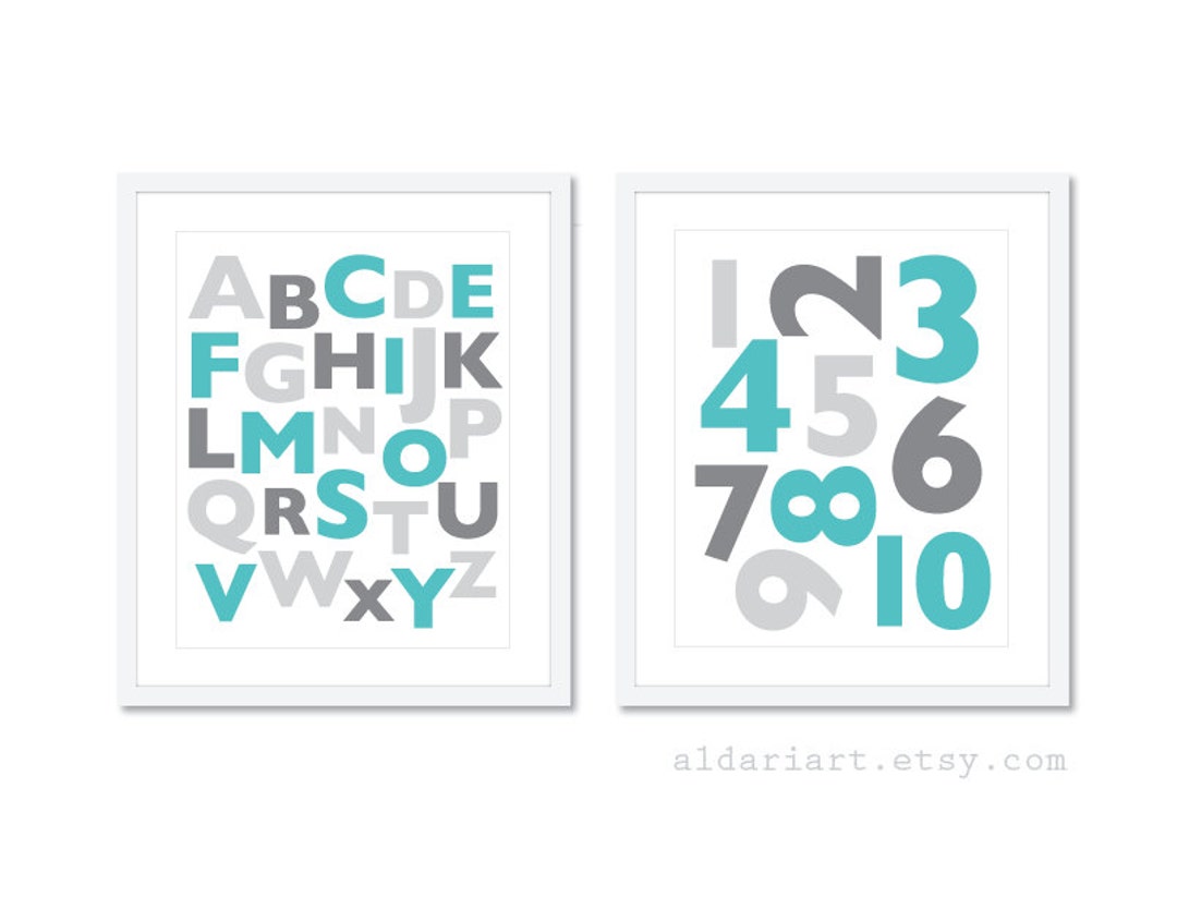 Alphabet and Numbers Nursery Print Set - Simple Modern Blue and Grey ...