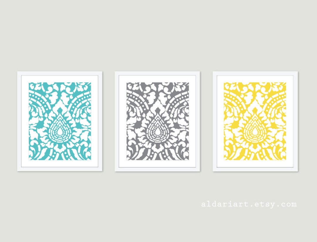 Damask Art Prints Damask Wall Art Set of 3 Aqua Blue Slate Yellow ...