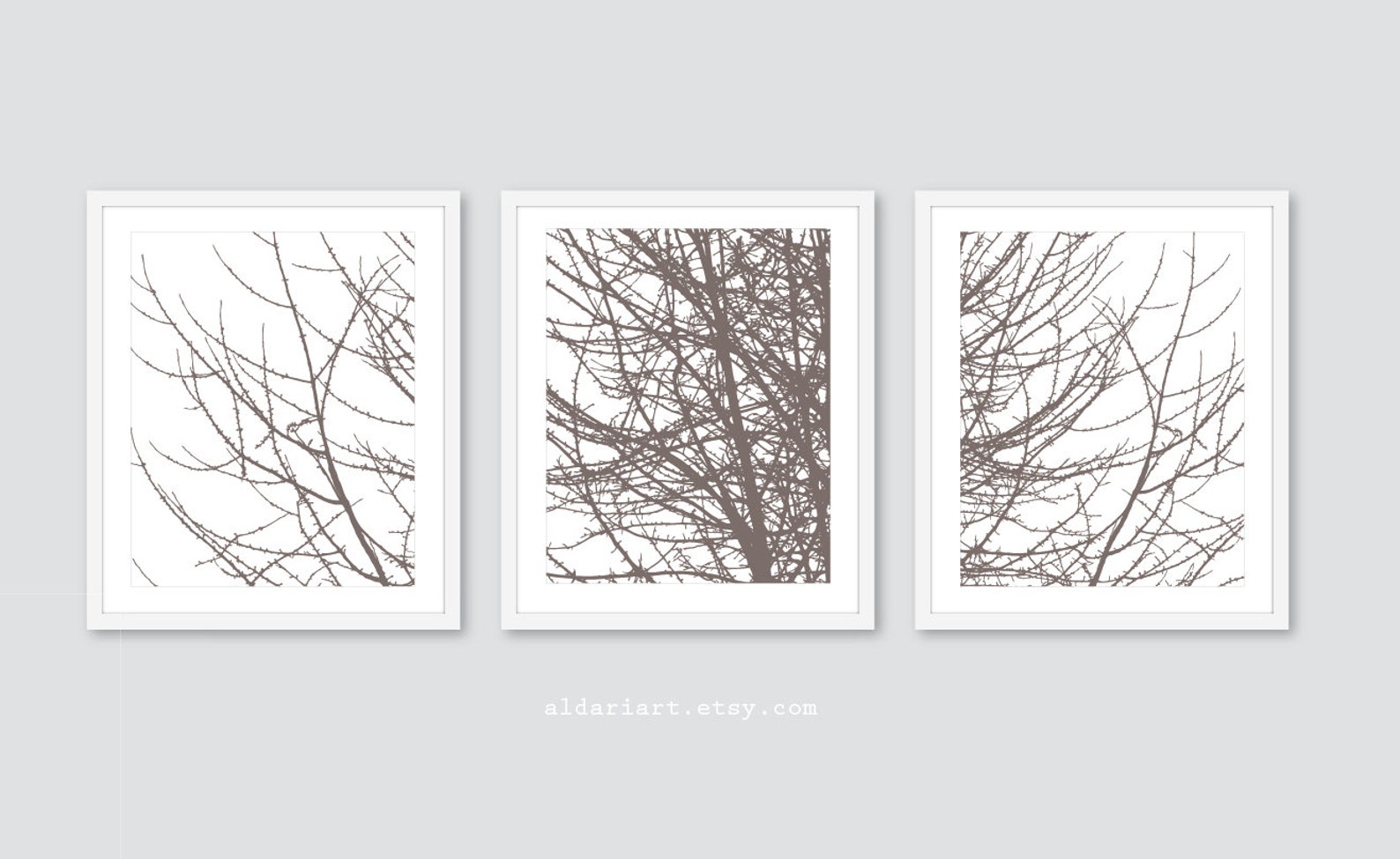 Modern Tree Branches Art Prints // Set of 3 // Taupe Brown Tree ...