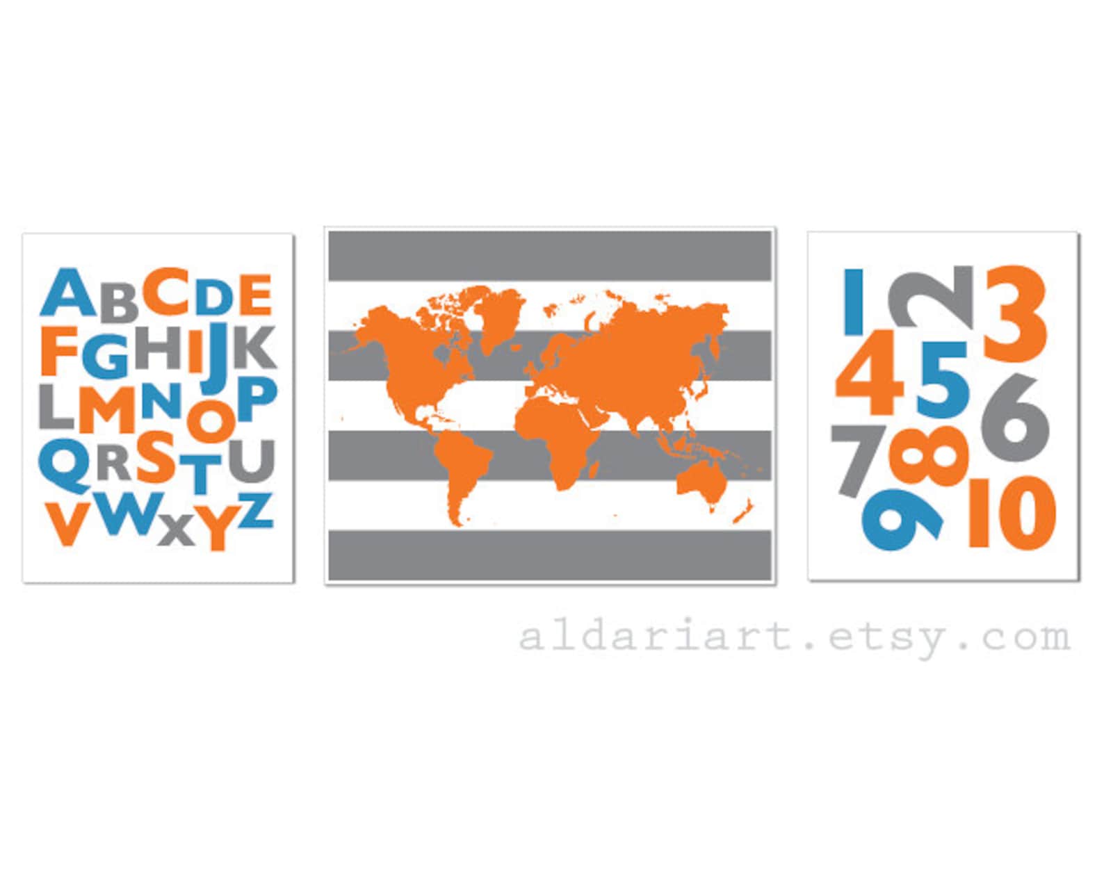 Playroom World Map Abc 123 Art Prints - Blue Orange Grey - Alphabet and ...