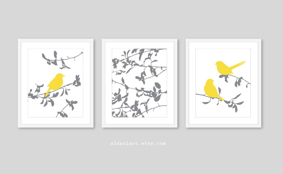 Birds on Tree Art Prints Set of 3 prints modern birds grey | Etsy