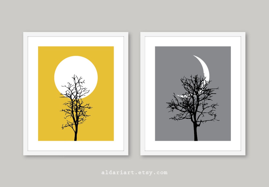 Tree Wall Art, Tree Sun and Moon Wall Art, Set for 2 Prints, Yellow and ...