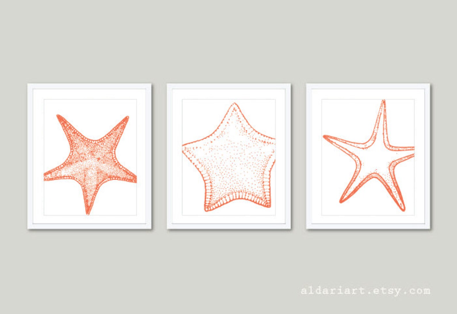 Vintage Starfish Art Prints Trio - Coral - Nautical Home Decor ...