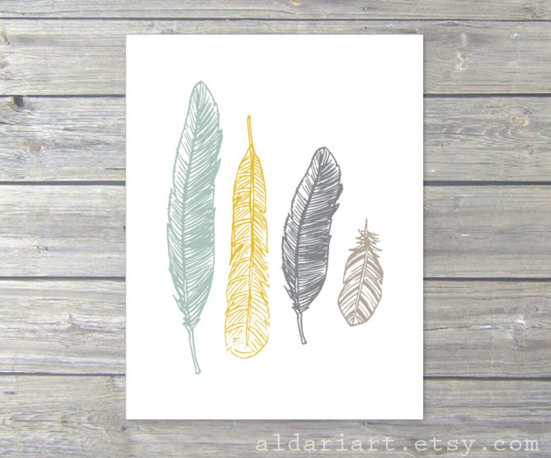 Feathers Art Print - Boho Ethnic Tribal Decor - Sage Green Mustard ...