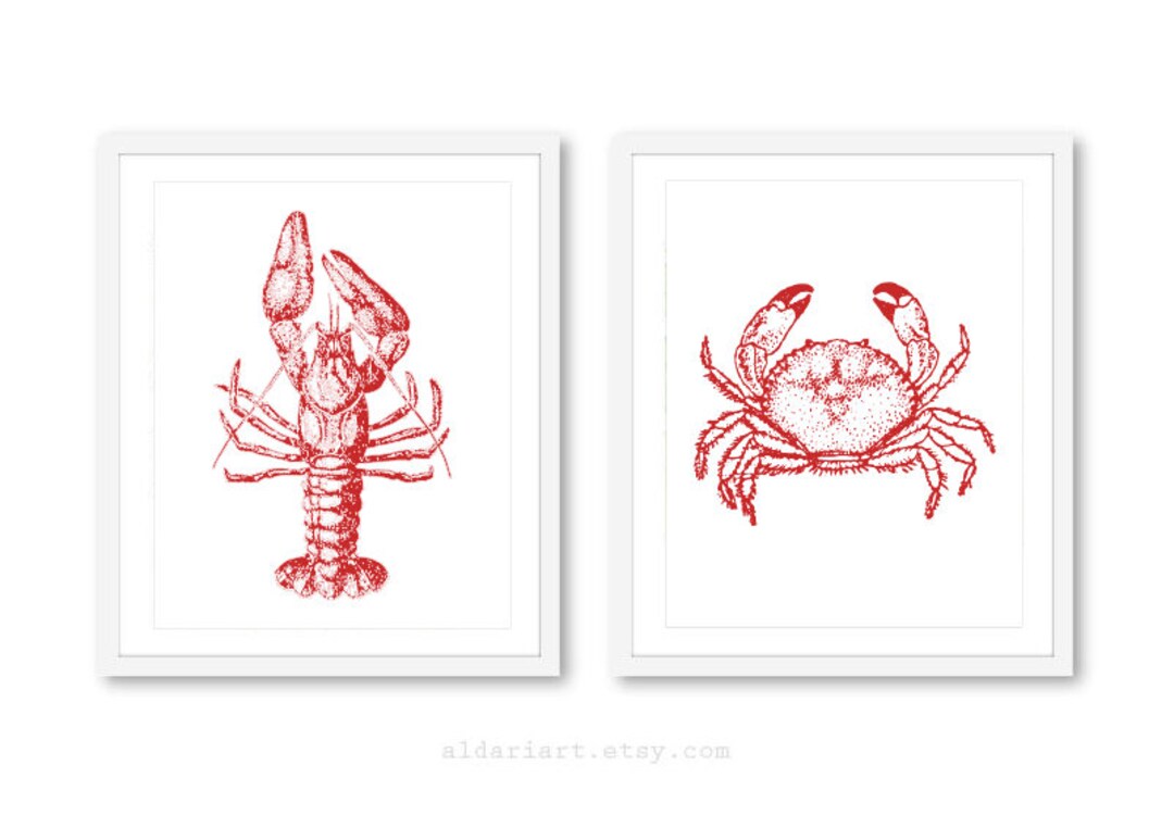 Lobster and Crab Prints - Lobster Print - Crab Print - Vintage Nautical ...