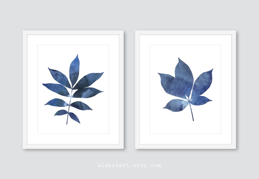 Botanical Prints, Modern Leaf Prints, Blue and White Decor, Minimalist ...