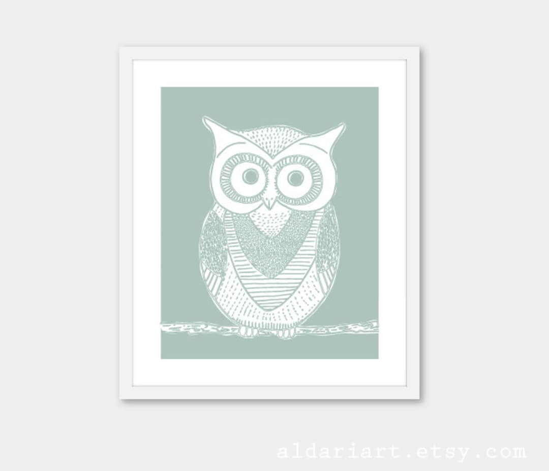 Owl Art Print - Owl Wall Art - Owl Decor - Nursery Owl Print - Seafoam ...