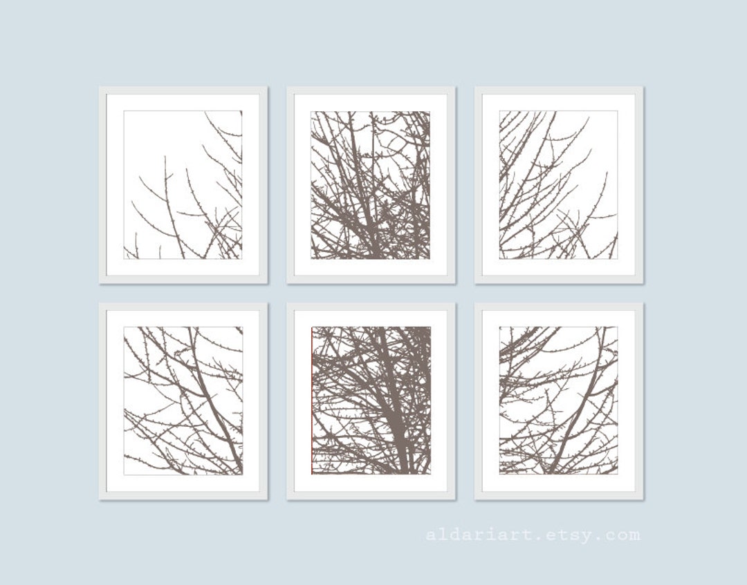 Modern Tree Branches Wall Art, Tree Branches Prints - Set of Six, Taupe ...