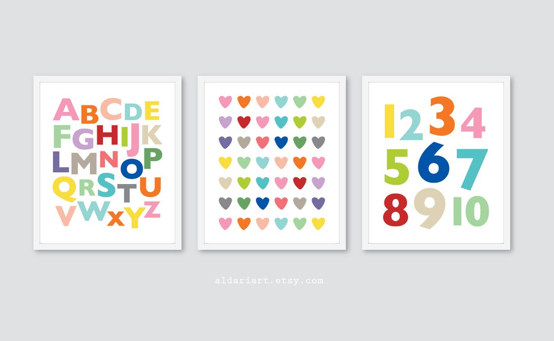 Alphabet numbers and hearts print Nursery Wall Art Playroom | Etsy