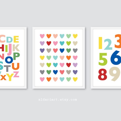 Alphabet Numbers and Hearts Print Nursery Wall Art Playroom - Etsy