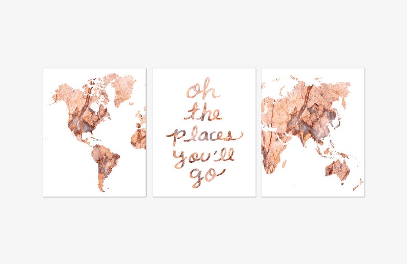 Peach Marble World Map Prints Travel Nursery Art Prints | Etsy
