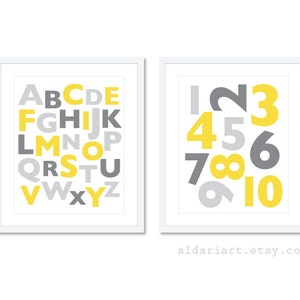 Alphabet and Numbers Nursery Print Set - Simple Modern Blue and Grey ...