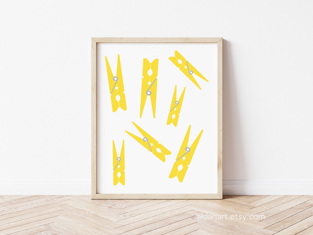 Clothespins Art Print, Laundry Wall Art, Yellow Laundry Room Wall Decor ...
