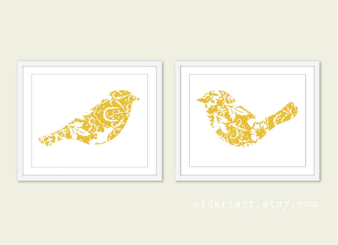 Birds Art Prints, Yellow Floral Birds Wall Art, Bird Artwork, Mustard ...