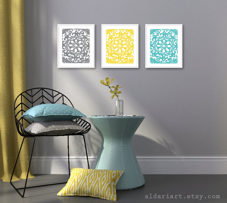 Art Deco Flower Ornament Wall Art Print Set Unique Home | Etsy