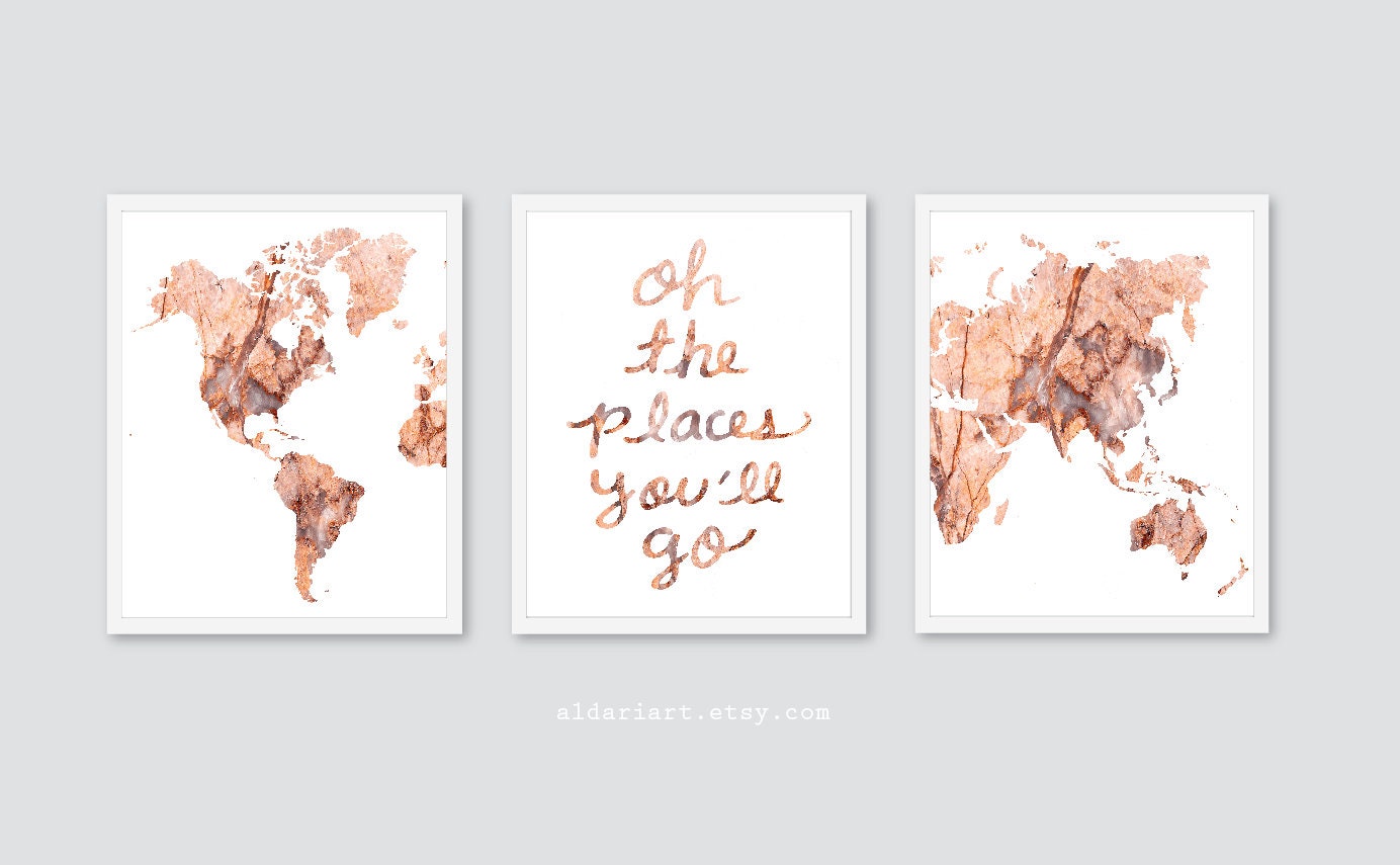 Peach Marble World Map Prints Travel Nursery Art Prints | Etsy