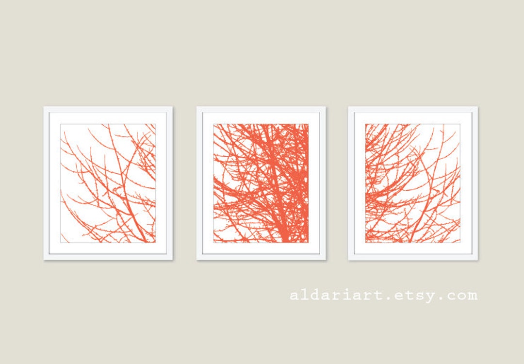 Modern Tree Branches Print Set Abstract Tree Wall Art Coral and White ...