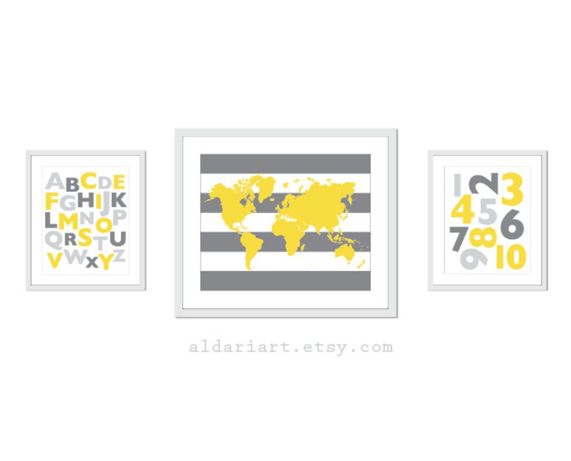 World Map Alphabet and Numbers Art Prints - Grey and Yellow Nursery ...