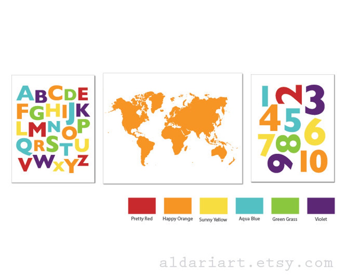 Nursery Abc 123 World Map Art Prints Alphabet and Numbers | Etsy