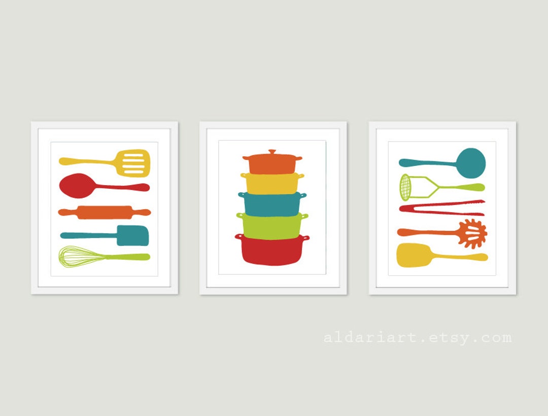 Kitchen Art Prints - Kitchen Cooking Utensils and Stacked Pots Wall Art ...