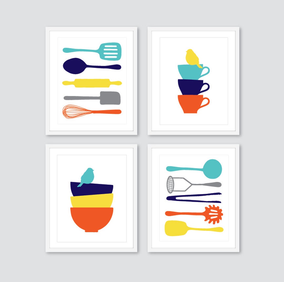 Kitchen Wall Art, Set of 4 Prints, Cooking Utensils Bowls, Teacups and ...