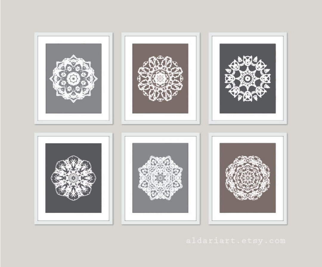 Mandala Art Prints Set of Six - Mandala Wall Art - Grey Brown Neutral ...