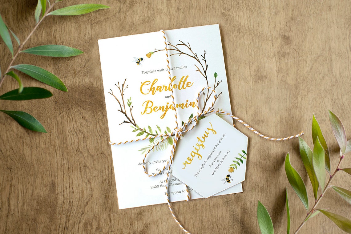 Floral Bee Wedding Invitation Suite With Watercolor Greenery Wreath in ...