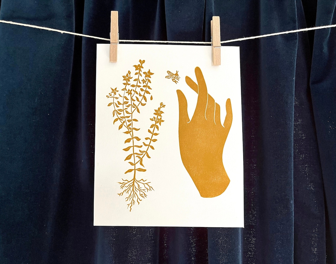 Yellow Botanical Bee + Flower Original Linocut Print - Herbalist Wall ...
