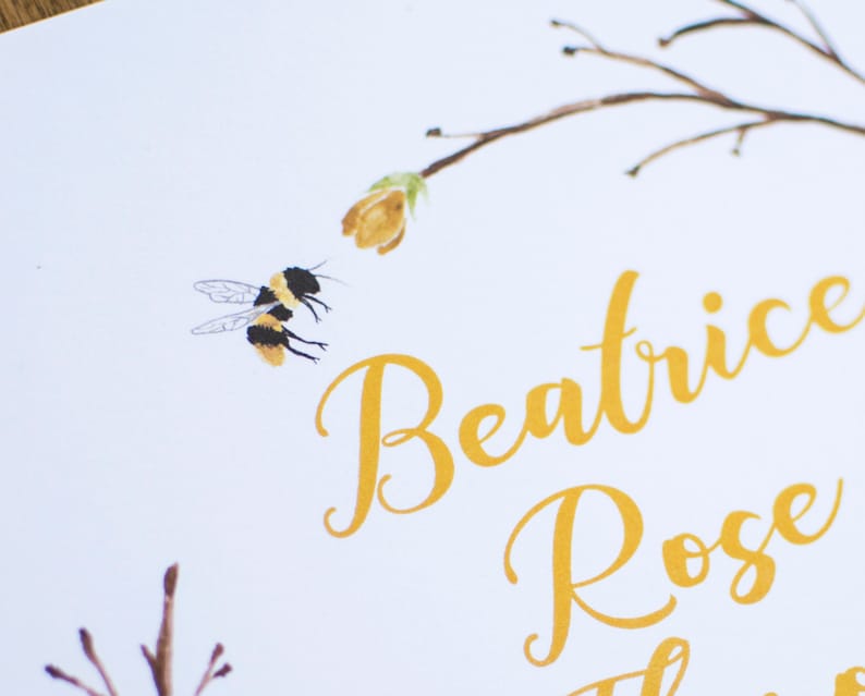 Bee Baby Name and Birth Stat Custom Nursery Art Printable With - Etsy