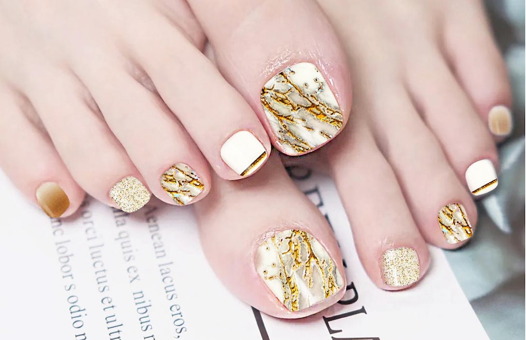 Swirl Ripple Toenail White Toe Nail Art Wrap Sticker Blue Gold Foil ...