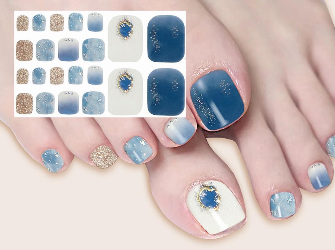Toenail Navy Blue Toe Nail Art Wrap Sticker Silver Foil Glitter White ...