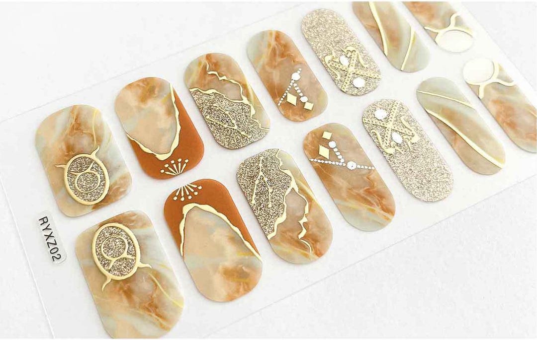 Zodiac Sign Symbols Taurus Nail Wrap Stickers Neutral Marble Texture ...