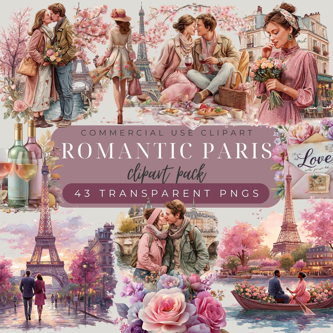 Romantic Paris Clipart Bundle: Couples, Café Scenes & Eiffel Tower ...