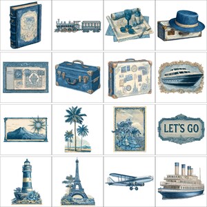 Vintage Travel Stickers Vacation PNG, Blue Watercolor Adventure Digital ...