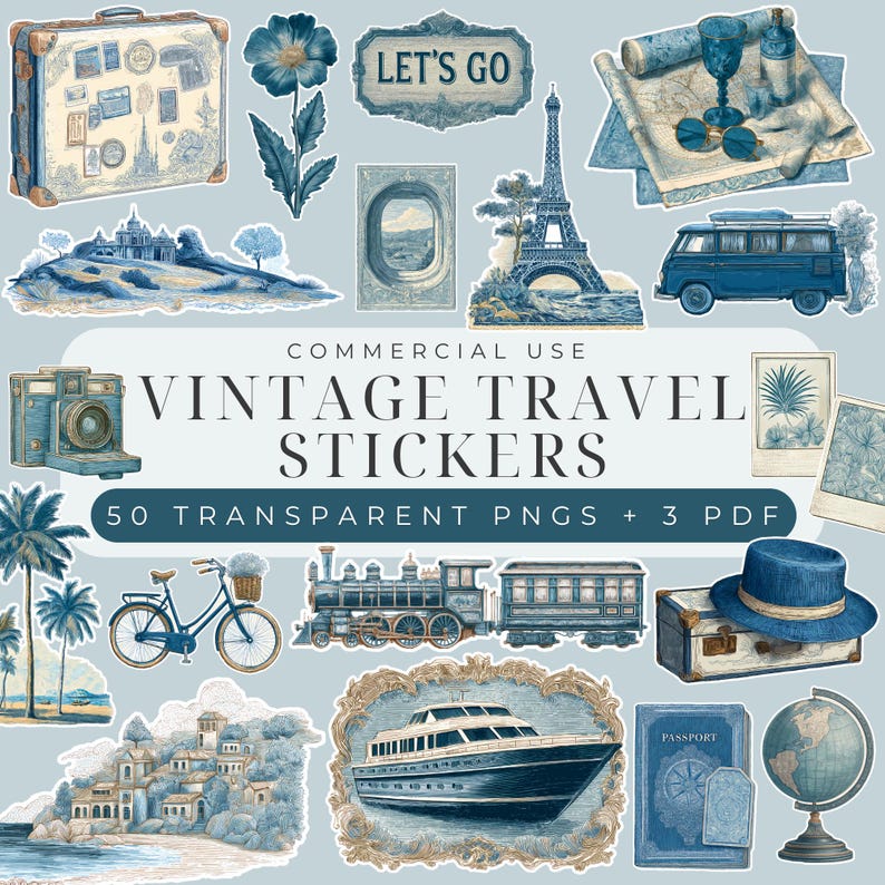 Vintage Travel Stickers Vacation PNG, Blue Watercolor Adventure Digital ...