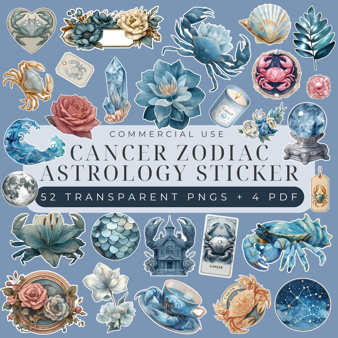 Cancer Zodiac Sticker Set: Celestial Astrology Clipart for Planners ...