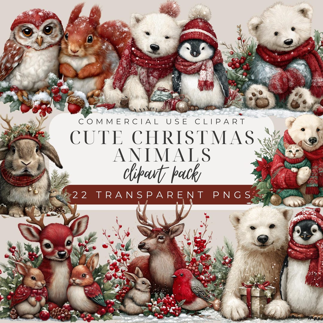 Watercolor Christmas Animals Clipart: Winter Woodland PNG Pack (digital ...