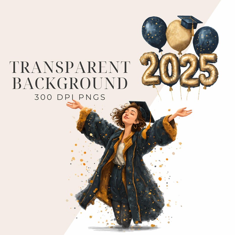 Watercolor Graduation Clipart Bundle: Class of 2025, Cap & Gown ...